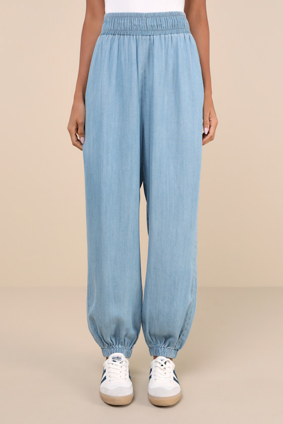 Light Blue Chambray - Chambray Jogger Pants - High-Rise Joggers - Lulus