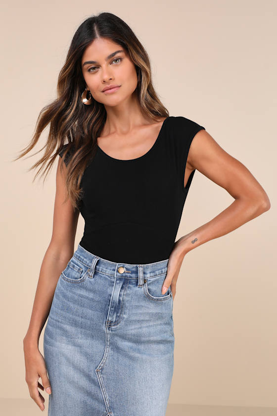 Black Backless Bodysuit - Boat Neck Bodysuit - Cap Sleeve Top - Lulus