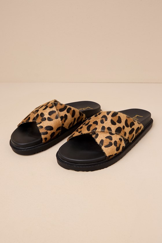Leopard Slide Sandals - Faux Fur Slides - Flatform Slide Sandals - Lulus