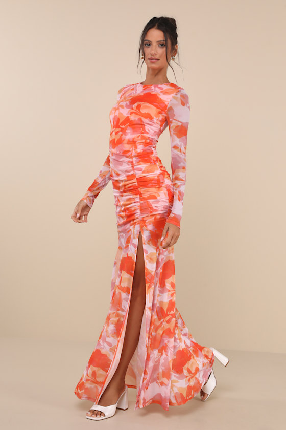 Orange Abstract Print Dress - Mesh Ruched Dress - Maxi Dress - Lulus