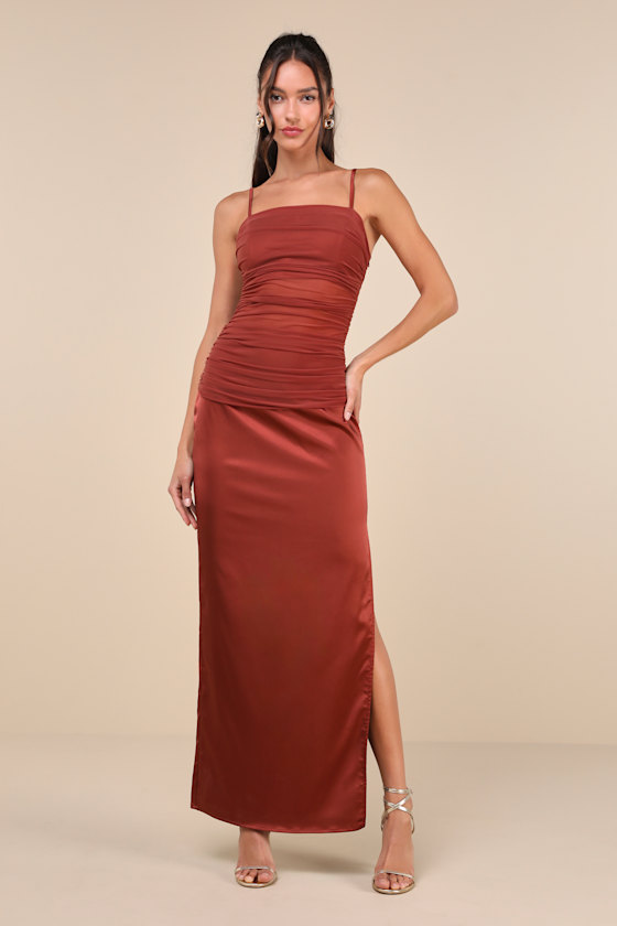 Rust Brown Maxi Dress - Satin Column Dress - Mesh Ruched Dress - Lulus