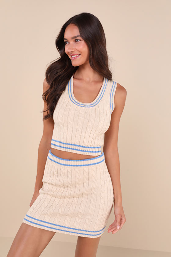 Beige and Blue Knit Dress - Cable Knit Dress - 2-PC Mini Dress - Lulus