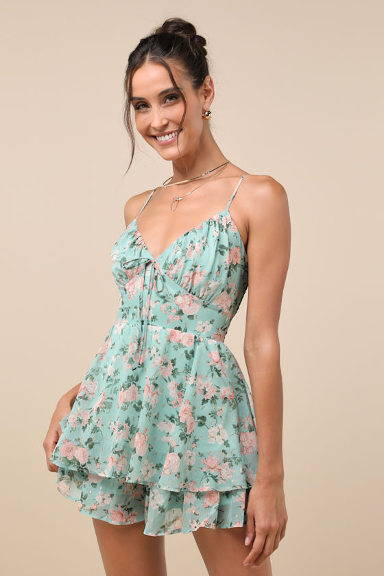 Green Floral Romper - Lurex Clip Dot Romper - Ruffled Romper - Lulus