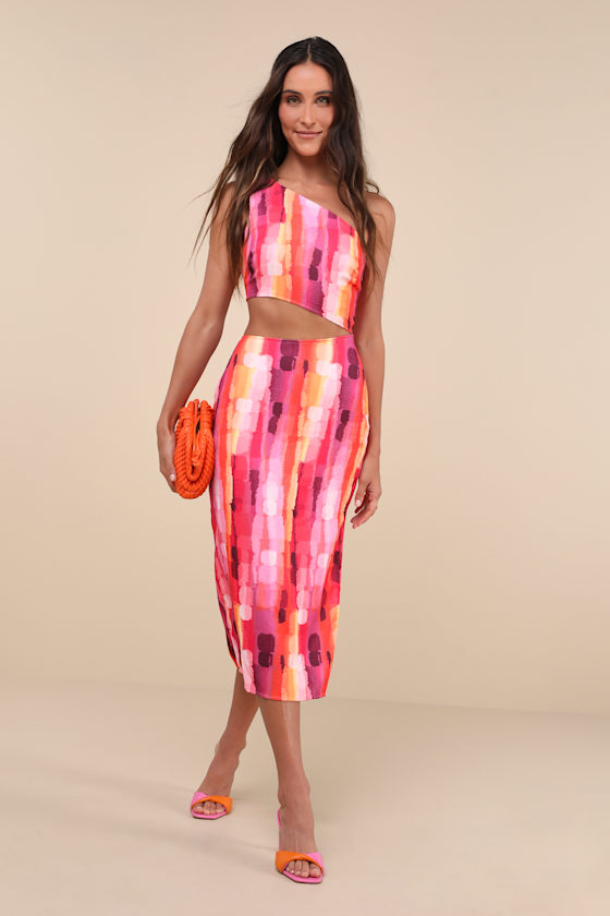 Hot Pink Abstract Dress - One-Shoulder Midi Dress - Cutout Dress - Lulus
