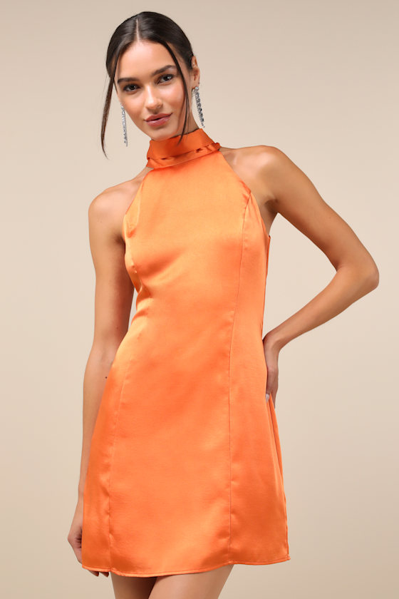 Orange Satin Mini Dress - Halter Mini Dress - Satin Halter Dress - Lulus