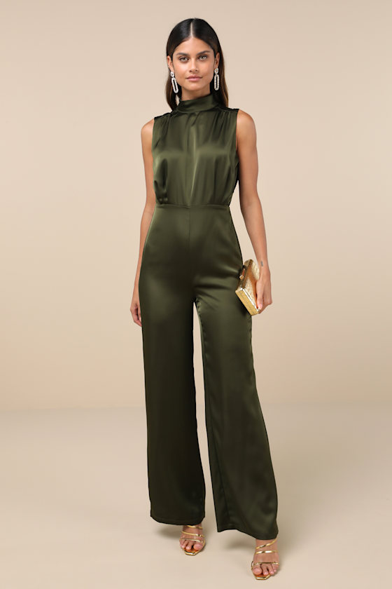 Olive Green Satin Jumpsuit - Jumpsuit - Mock Neck Jumpsuit - Lulus
