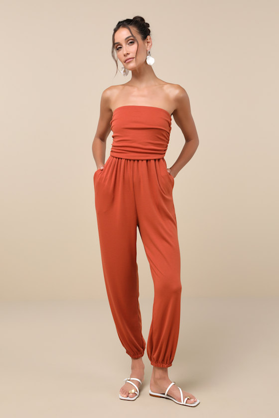 Orange Jogger Jumpsuit - Strapless Jumpsuit - Ruched Jumpsuit - Lulus