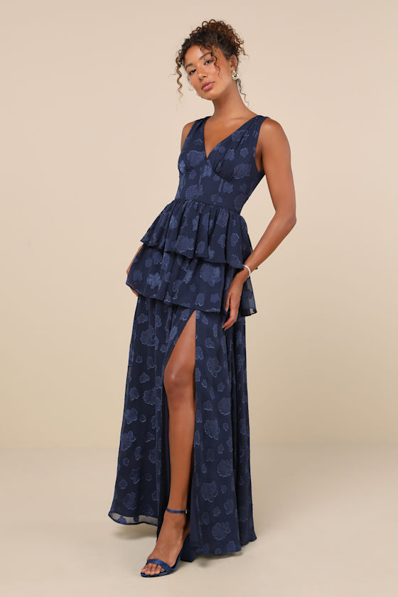 Lulus Cherished Elegance Navy Blue Burnout Jacquard Tiered Maxi Dress | ModeSens