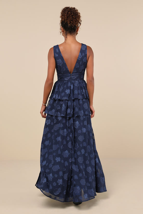 Lulus Cherished Elegance Navy Blue Burnout Jacquard Tiered Maxi Dress | ModeSens