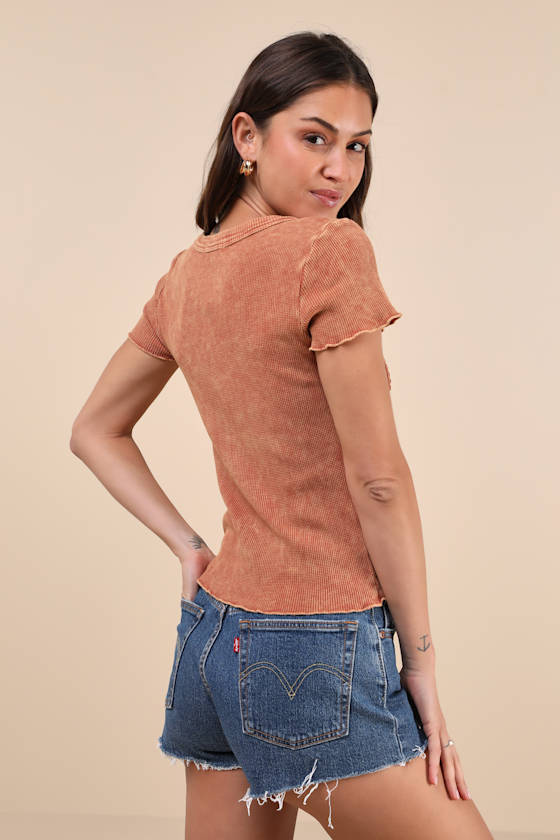 Washed Rust Top - Waffle-Knit Lace Top - Short Sleeve Top - Top - Lulus