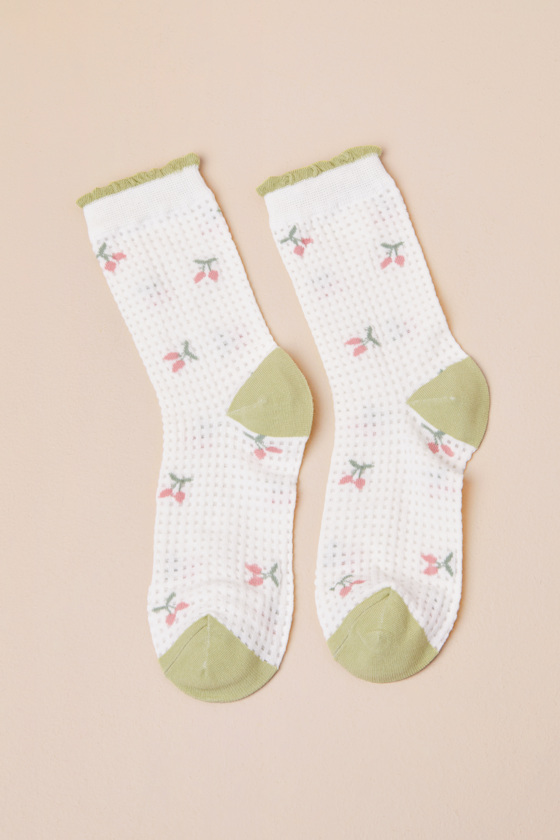 Casa Clara Jiffy - Ivory and Green Cherry Print Socks - Socks - Lulus