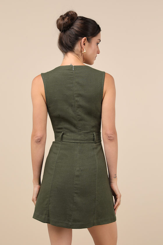 Olive Linen Dress - Belted Button Mini Dress - Dress With Pockets - Lulus
