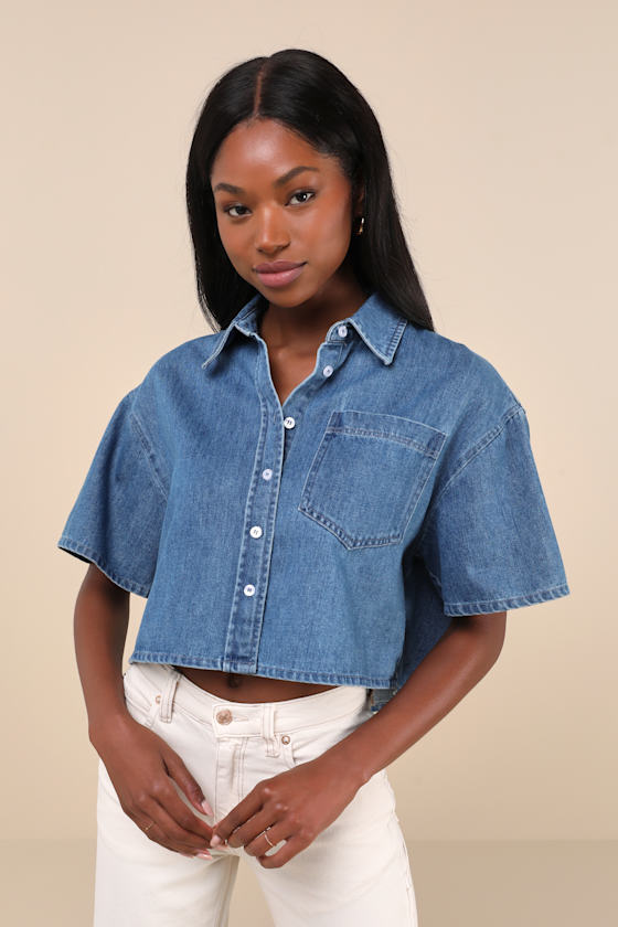 Medium Wash Denim Top - Button-Up Top - Collared Denim Crop Top - Lulus