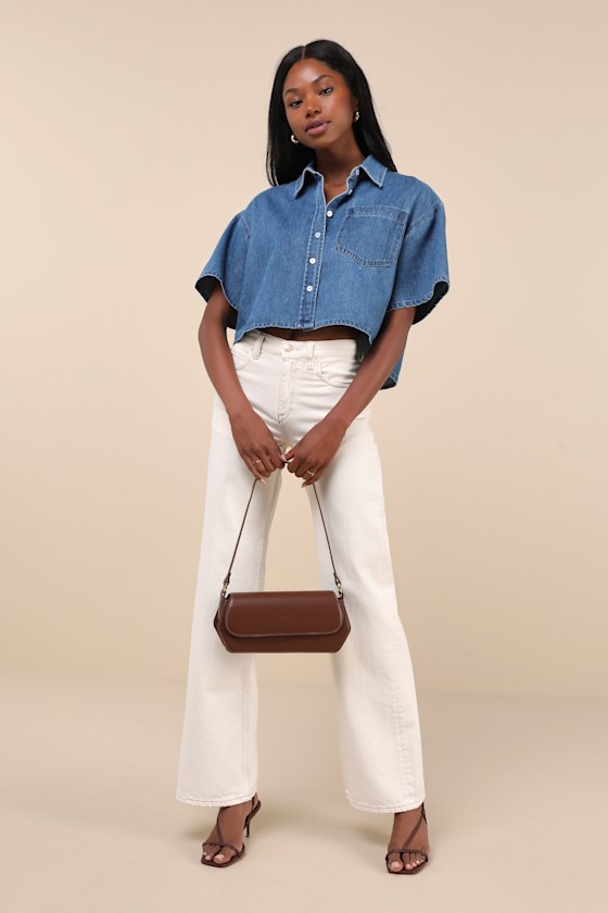 Medium Wash Denim Top - Button-Up Top - Collared Denim Crop Top - Lulus