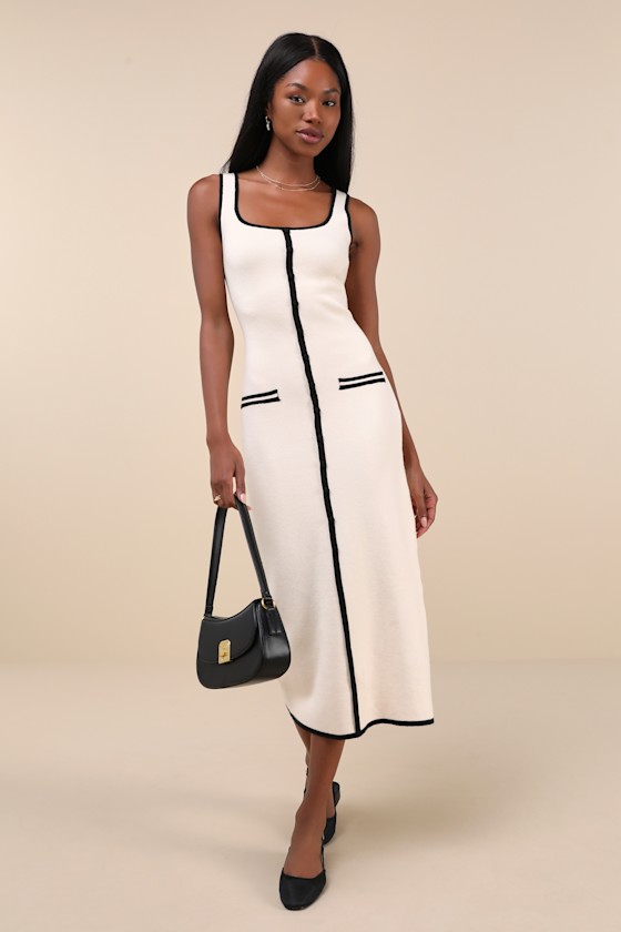 Cream Knit Midi Dress - Contrast Trim Dress - Button-Front Dress - Lulus