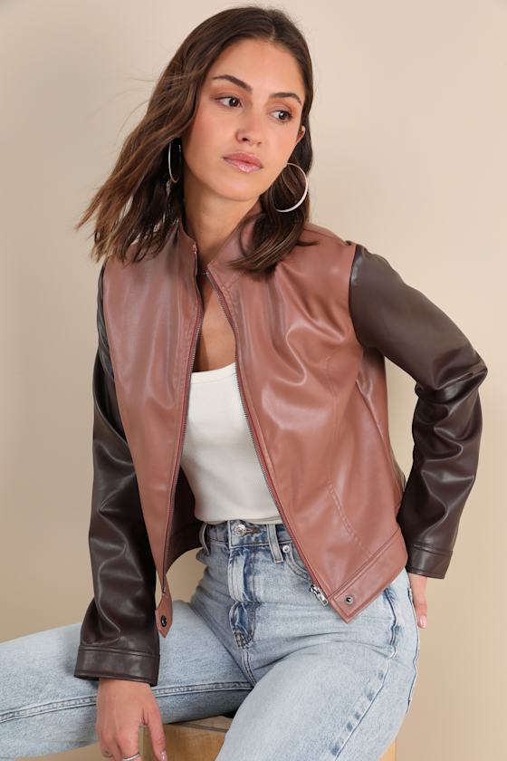 Brown Moto Jacket - Collarless Moto Jacket - Color Block Jacket - Lulus