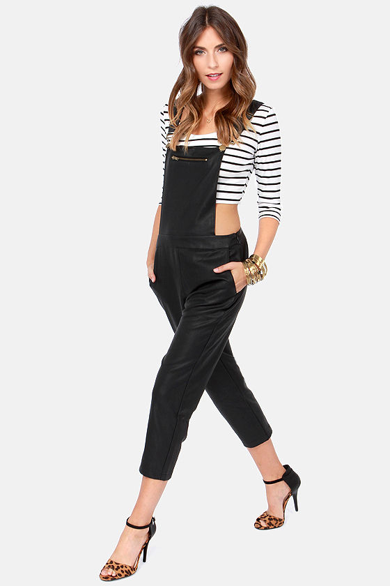 Vegan Leather Overalls - Black Jumper - Cropped Overalls - $64.00