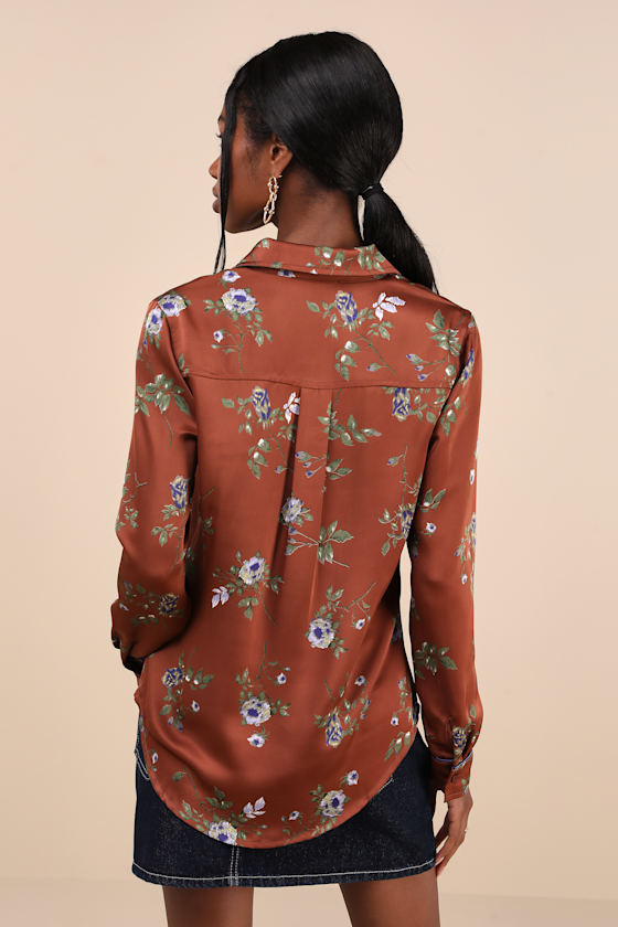 Brown Floral Top - Collared Satin Top - Long Sleeve Button-Up Top - Lulus