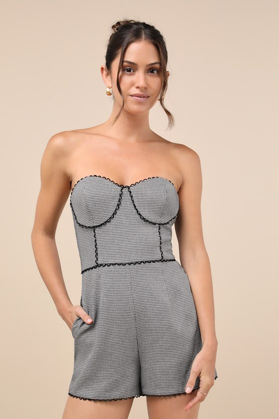 Grey Houndstooth Romper - Strapless Romper - Bustier Romper - Lulus