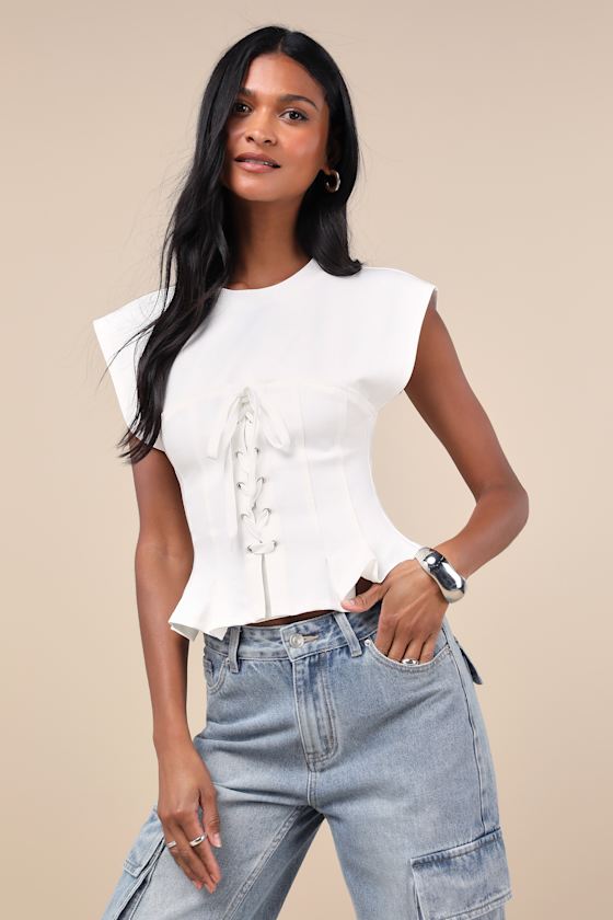 Ivory Pleated Tank Top - Lace-Up Tank Top - Crew Neck Tank Top - Lulus