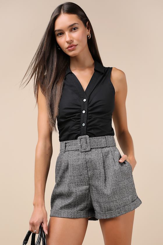 Black Ruched Top - Sleeveless Collared Top - Button-Up Top - Lulus