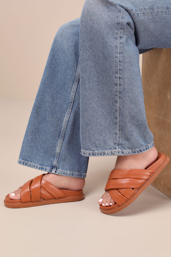 Cognac Slide Sandals - Strappy Slide Sandals - Brown Flat Sandals - Lulus