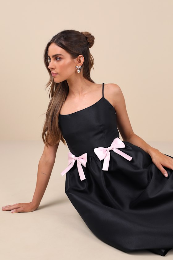 Black Taffeta Dress - Black Midi Dress - Bow Midi Dress - Dress - Lulus