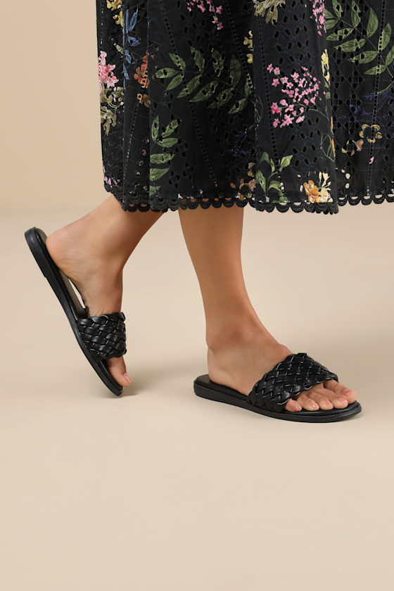 Black Slide Sandals - Woven Slide Sandals - Flat Slide Sandals - Lulus