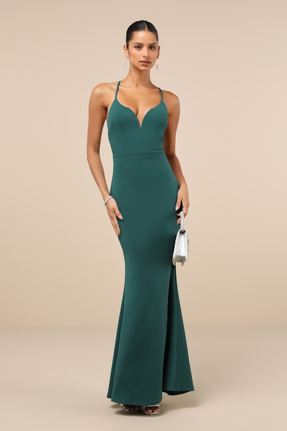 Forest Green Dress Ruched Dress Backless Mermaid Maxi Dress Lulus