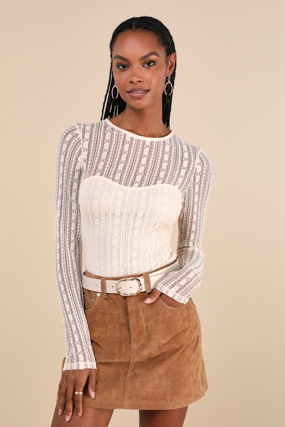Cream Sheer Top - Lace Long Sleeve Top - Sheer Lace Shirt - Top - Lulus
