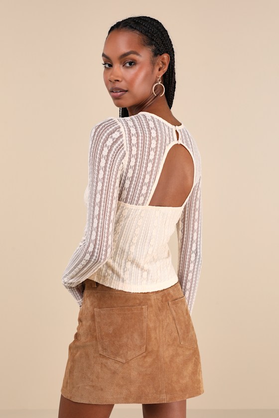 Lulus Sheer Passion Cream Sheer Lace Long Sleeve Top In Beige | ModeSens