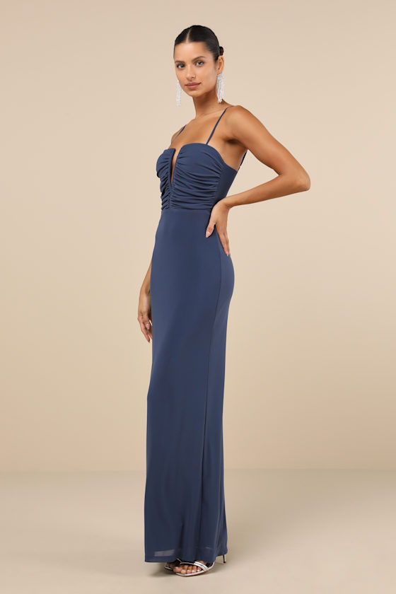 Dark Slate Blue Dress - Mesh Ruched Dress - Notched Maxi Dress - Lulus