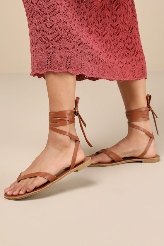 Cognac Flat Sandals - Lace-Up Thong Sandals - Flat Thong Sandals - Lulus