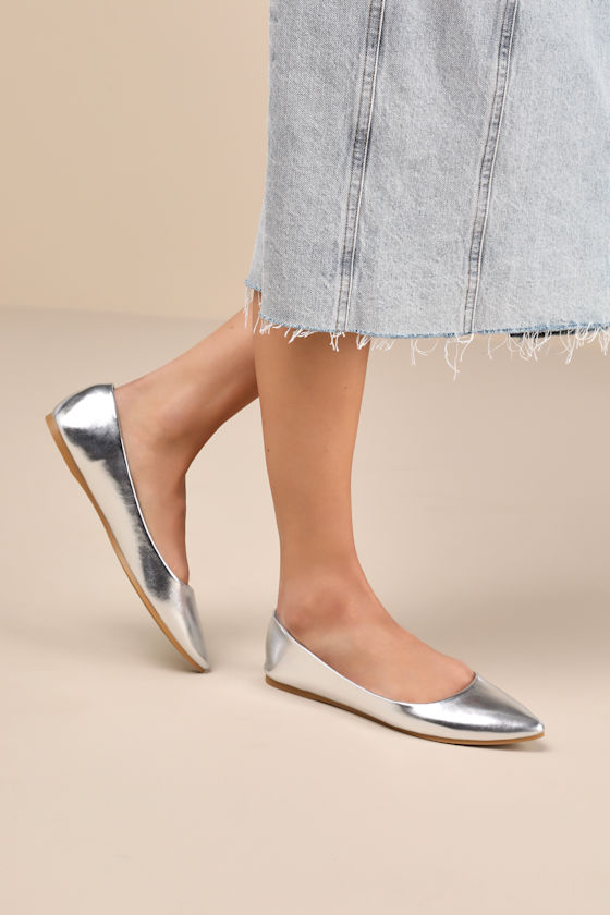 Silver Metallic Flats - Pointed-Toe Flats - Faux Leather Flats - Lulus