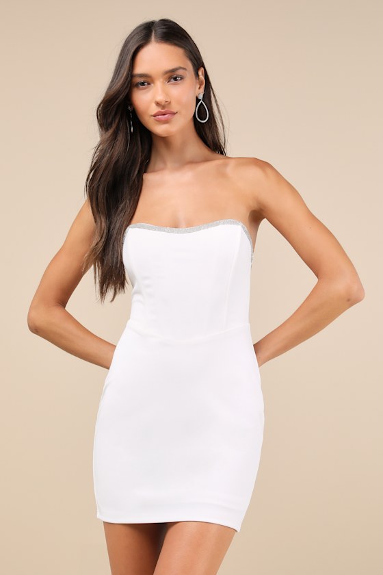 White Mini Dress - Bustier Mini Dress - Rhinestone-Trimmed Dress - Lulus