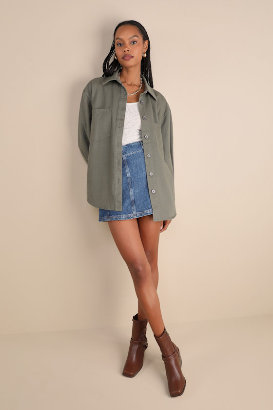 Olive Green Shacket - Twill Shacket - Oversized Button-Up - Top - Lulus