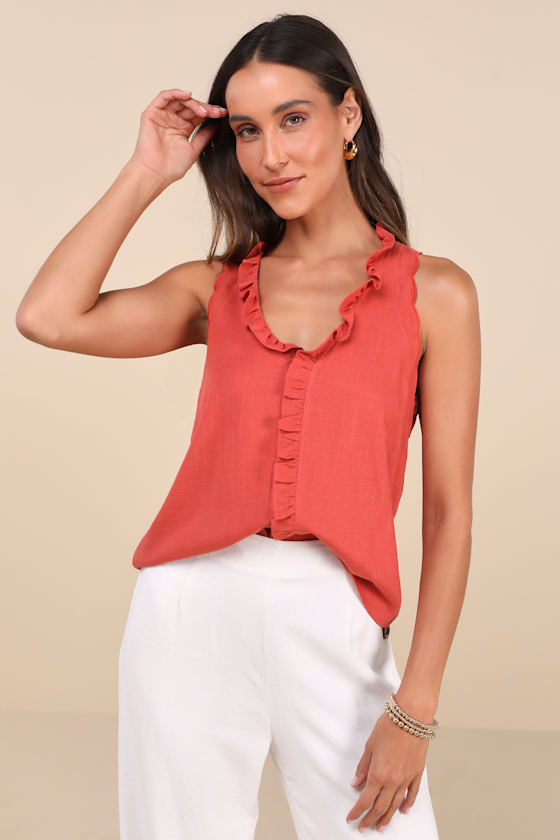 Rust Orange Ruffled Top - Sleeveless Button-Up Top - Tank Top - Lulus