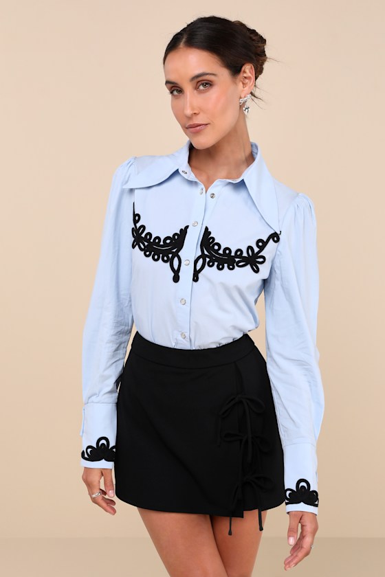 Sister Jane Cody - Blue Cord Trim Top - Long Sleeve Button-Up Top - Lulus