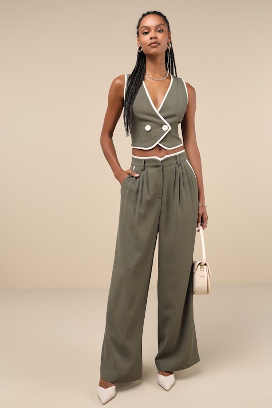 Olive Green Color Block Pants - Wide-Leg Pants - High-Rise Pants - Lulus