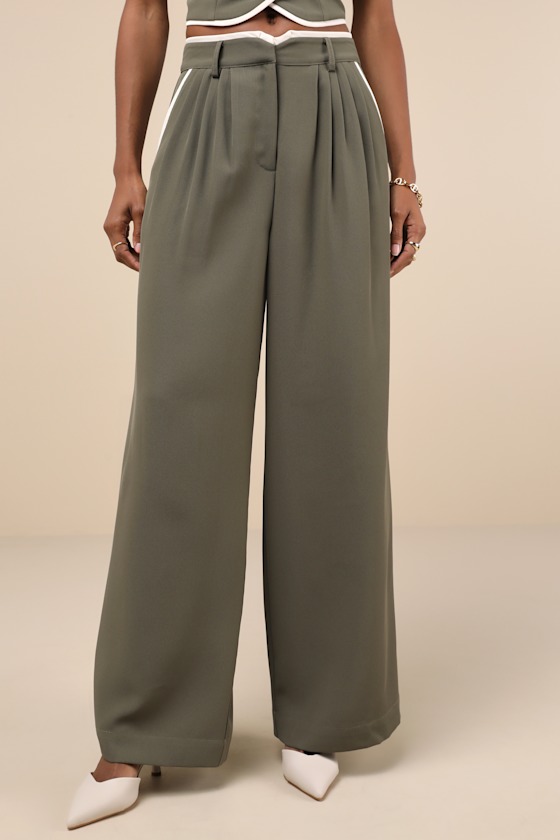 Olive Green Color Block Pants - Wide-Leg Pants - High-Rise Pants - Lulus