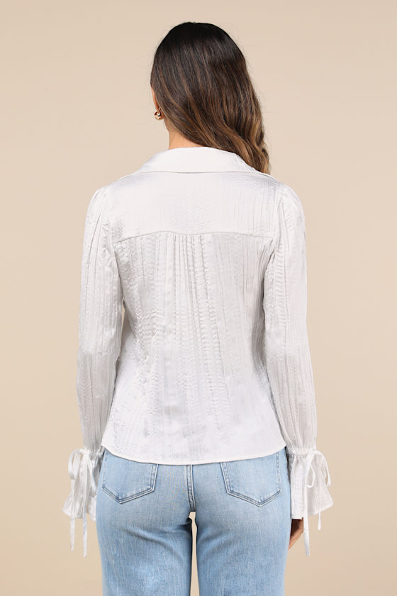 Ivory Plisse Crinkled Top - Tie-Cuff Button-Up Top - Button-Down - Lulus