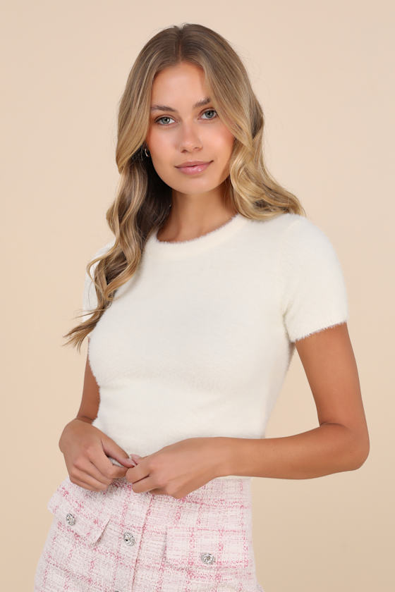 Glamorous Fuzzy Top - Ivory Sweater Top - Short Sleeve Sweater - Lulus