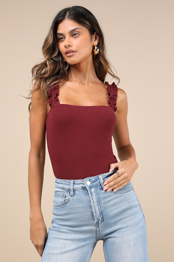Burgundy Bodysuit - Ruffled Bodysuit - Women's Tops - Ribbed Top - Lulus