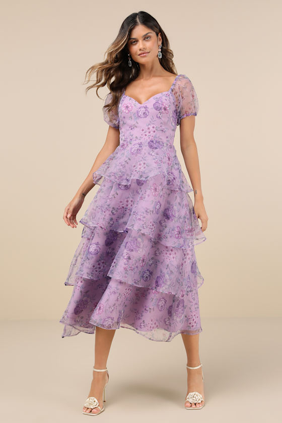 Purple Floral Dress - Floral Organza Dress - Tiered Midi Dress - Lulus