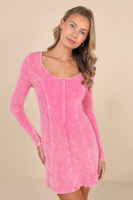 Washed Pink Dress - Fit-and-Flare Mini Dress - Ribbed Knit Dress - Lulus