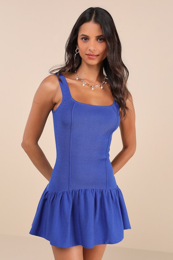 Blue Sleeveless Dress - Seamed Drop-Waist Dress - Knit Mini Dress - Lulus