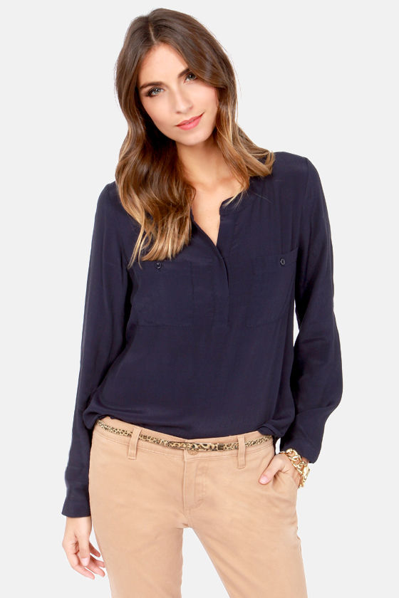 Cute Navy Blue Top - Long Sleeve Top - V Neck Top - $47.00 - Lulus