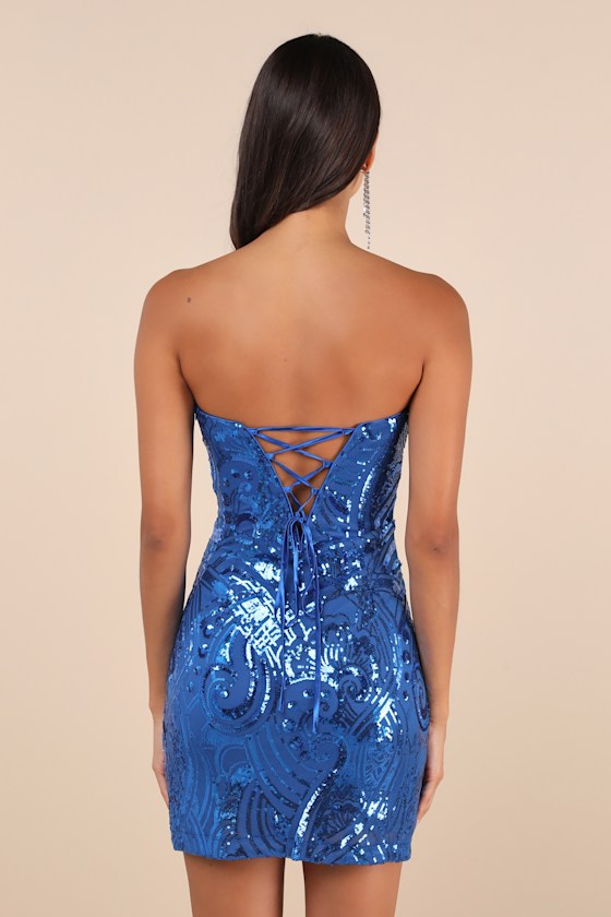 Blue Lace-Up Dress - Sequin Mini Dress - Strapless Mini Dress - Lulus