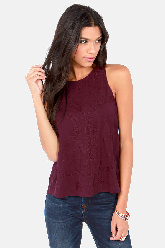 Cute Burgundy Top Embroidered Top Sleeveless Top 43 00 Lulus