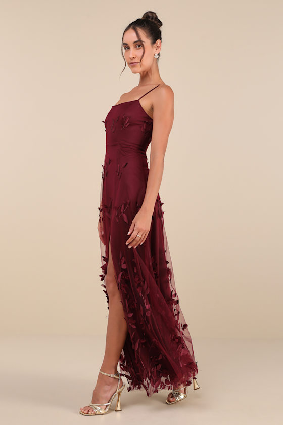 Burgundy Maxi Dress 3d Floral Applique Dress Sleeveless Dress Lulus